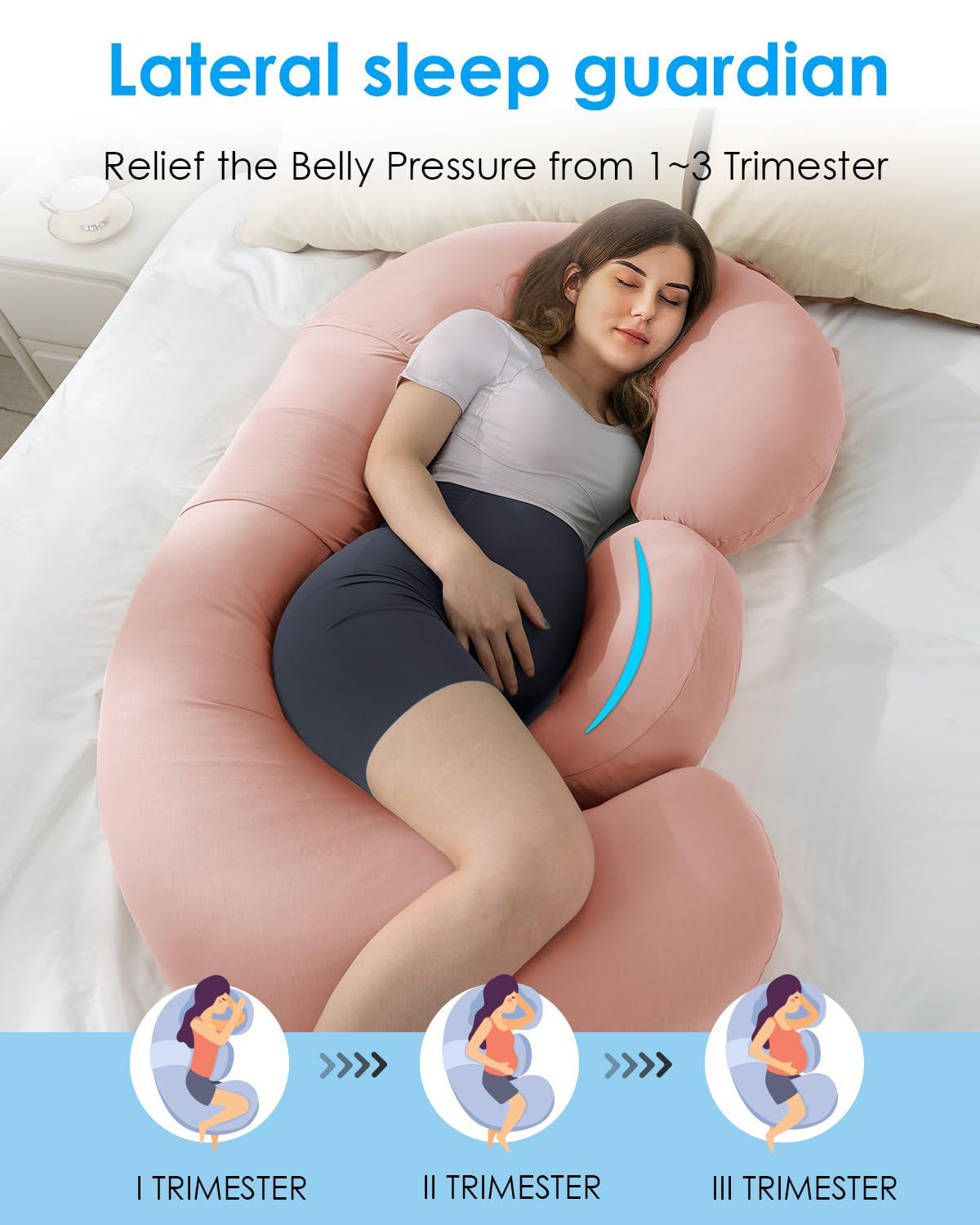 QUEEN ROSE Cooling E Shaped Pregnancy Pillows, Detachable Body Pillow for Sleeping, with Pregnancy Wedge Pillow for Belly Support, Cooling Rayon Cover,Pink