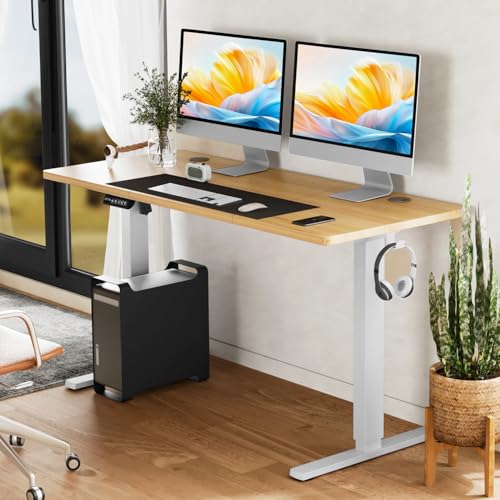 SMUG Standing Desk, Adjustable Height Electric Sit Stand Up Down Computer Table, 63x24 Inch Ergonomic Rising Modern Lift Motorized Gaming Desktop Workstation for Work Home Office, Natural