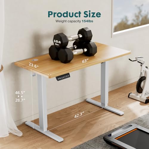 SMUG Standing Desk, Adjustable Height Electric Sit Stand Up Down Computer Table, 63x24 Inch Ergonomic Rising Modern Lift Motorized Gaming Desktop Workstation for Work Home Office, Natural