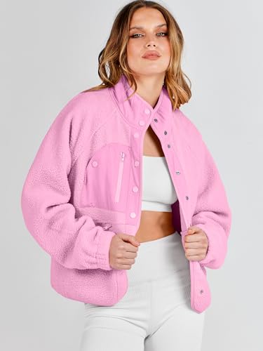 ANRABESS Womens Fuzzy Fleece Jacket Fall Casual Long Sleeve Cropped Sherpa Button Down Shacket Coats Outwear With Pockets Pink Large