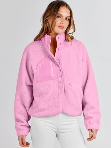 ANRABESS Womens Fuzzy Fleece Jacket Fall Casual Long Sleeve Cropped Sherpa Button Down Shacket Coats Outwear With Pockets Pink Large