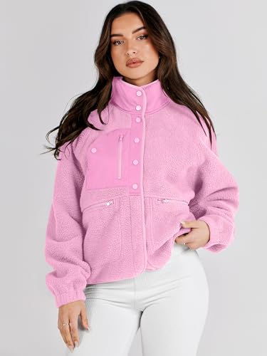 ANRABESS Womens Fuzzy Fleece Jacket Fall Casual Long Sleeve Cropped Sherpa Button Down Shacket Coats Outwear With Pockets Pink Large