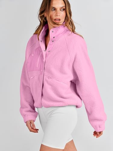 ANRABESS Womens Fuzzy Fleece Jacket Fall Casual Long Sleeve Cropped Sherpa Button Down Shacket Coats Outwear With Pockets Pink Large