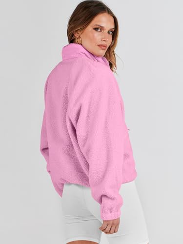 ANRABESS Womens Fuzzy Fleece Jacket Fall Casual Long Sleeve Cropped Sherpa Button Down Shacket Coats Outwear With Pockets Pink Large