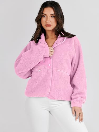 ANRABESS Womens Fuzzy Fleece Jacket Fall Casual Long Sleeve Cropped Sherpa Button Down Shacket Coats Outwear With Pockets Pink Large