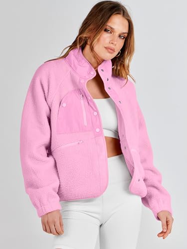 ANRABESS Womens Fuzzy Fleece Jacket Fall Casual Long Sleeve Cropped Sherpa Button Down Shacket Coats Outwear With Pockets Pink Large