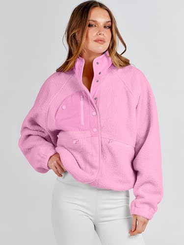 ANRABESS Womens Fuzzy Fleece Jacket Fall Casual Long Sleeve Cropped Sherpa Button Down Shacket Coats Outwear With Pockets Pink Large