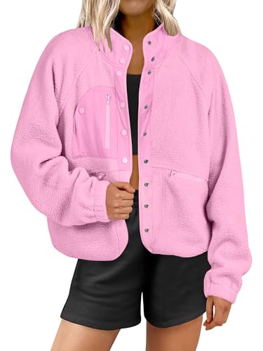 ANRABESS Womens Fuzzy Fleece Jacket Fall Casual Long Sleeve Cropped Sherpa Button Down Shacket Coats Outwear With Pockets Pink Large