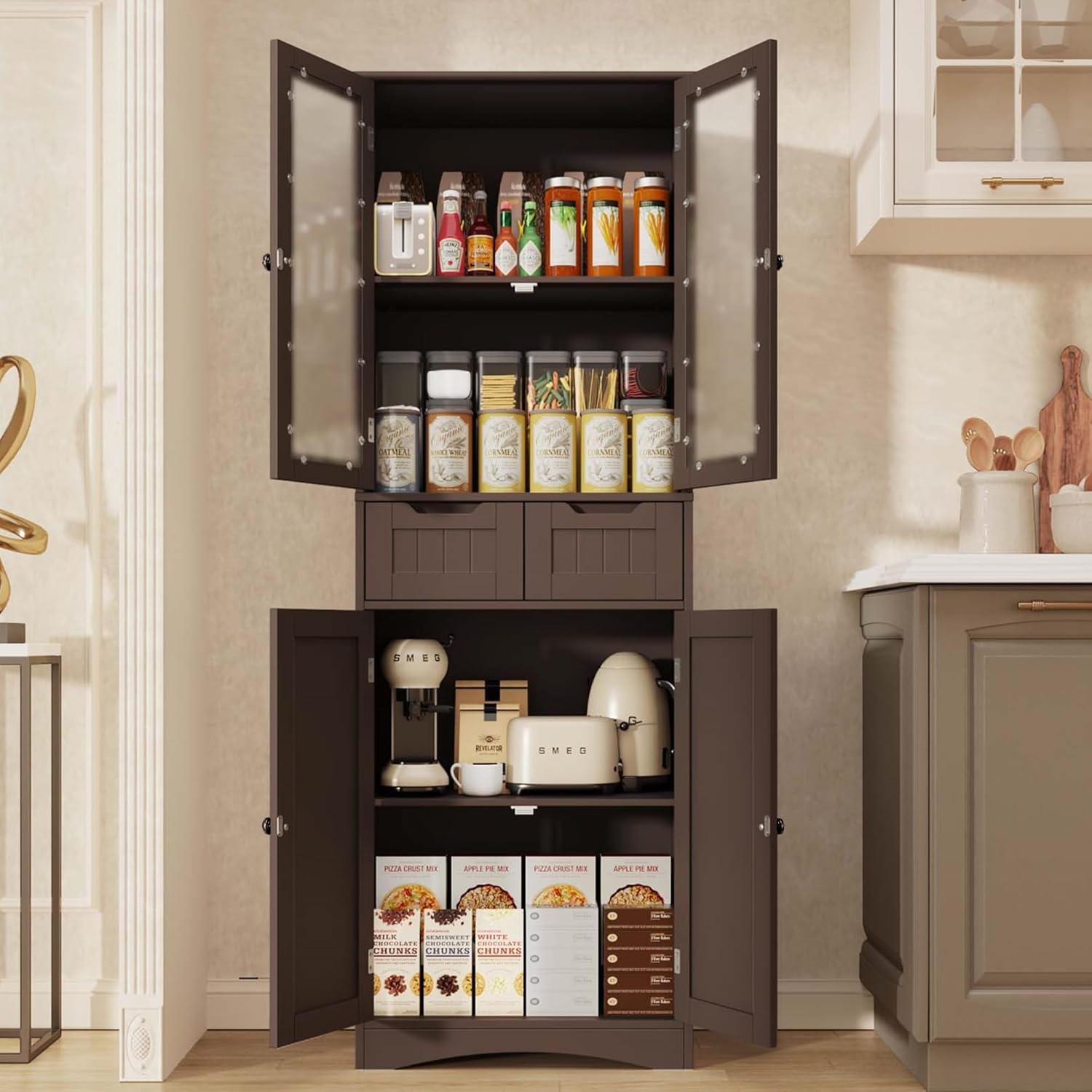 Gizoon 67" Tall Storage Cabinet, Freestanding Kitchen Pantry Cabinet with Glass Door & 2 Shelves & 2 Drawers, Stylish Linen Storage Cabinet for Home, Bathroom, Living Room, Office, Dark Brown