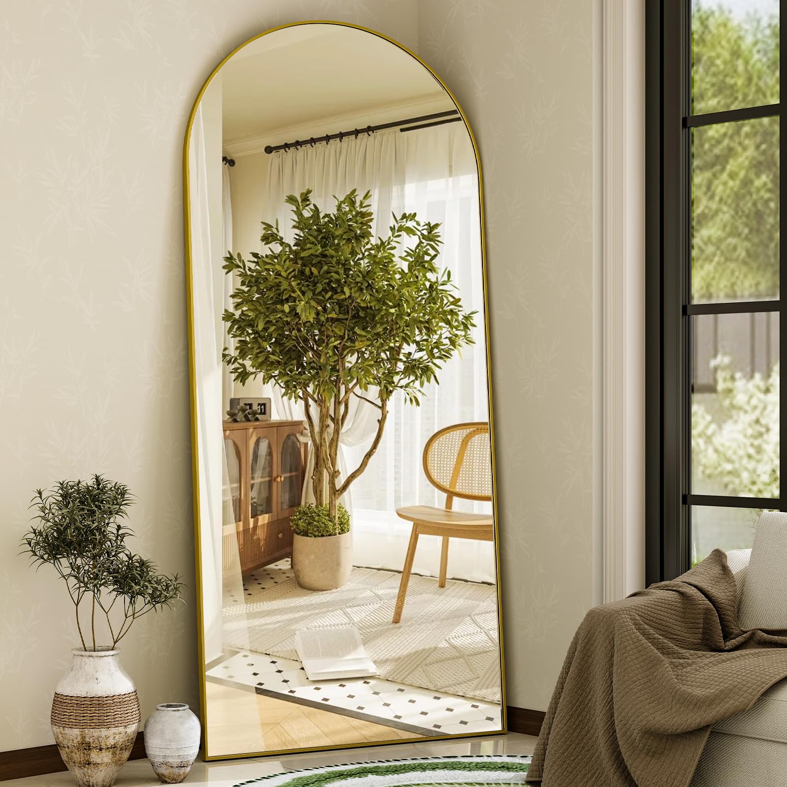 GLSLAND-30x71 inch Wall Mount Arched Full Length Mirror-Aluminum Alloy Frame High Definition-Full Body Mirror for Bedroom or Living Room,Gold