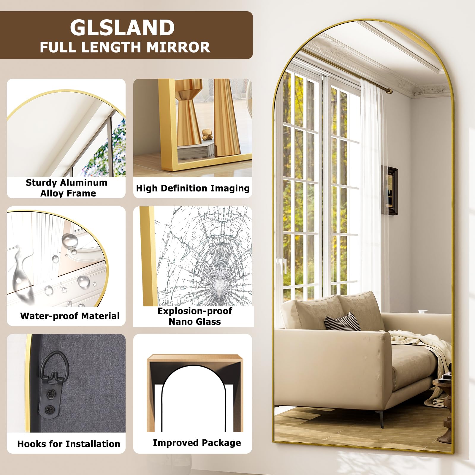GLSLAND-30x71 inch Wall Mount Arched Full Length Mirror-Aluminum Alloy Frame High Definition-Full Body Mirror for Bedroom or Living Room,Gold