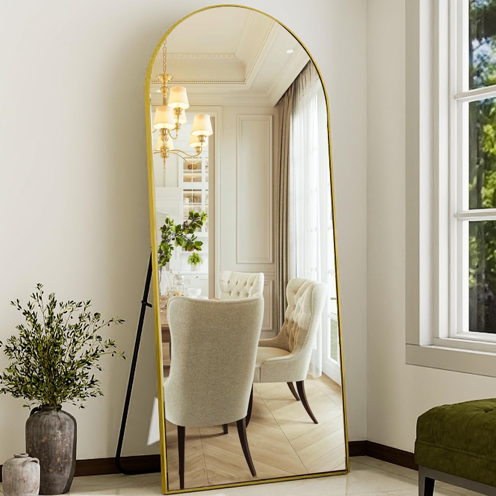 GLSLAND-30x71 inch Wall Mount Arched Full Length Mirror-Aluminum Alloy Frame High Definition-Full Body Mirror for Bedroom or Living Room,Gold