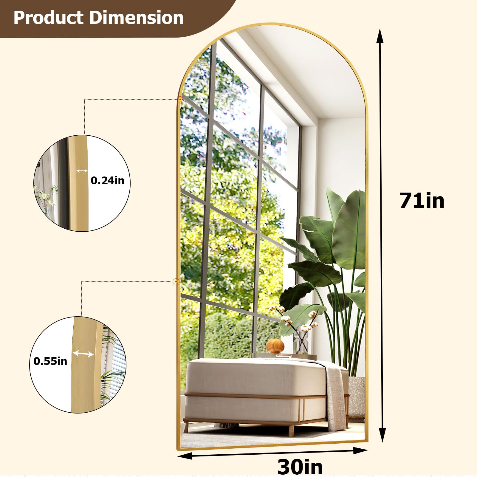 GLSLAND-30x71 inch Wall Mount Arched Full Length Mirror-Aluminum Alloy Frame High Definition-Full Body Mirror for Bedroom or Living Room,Gold