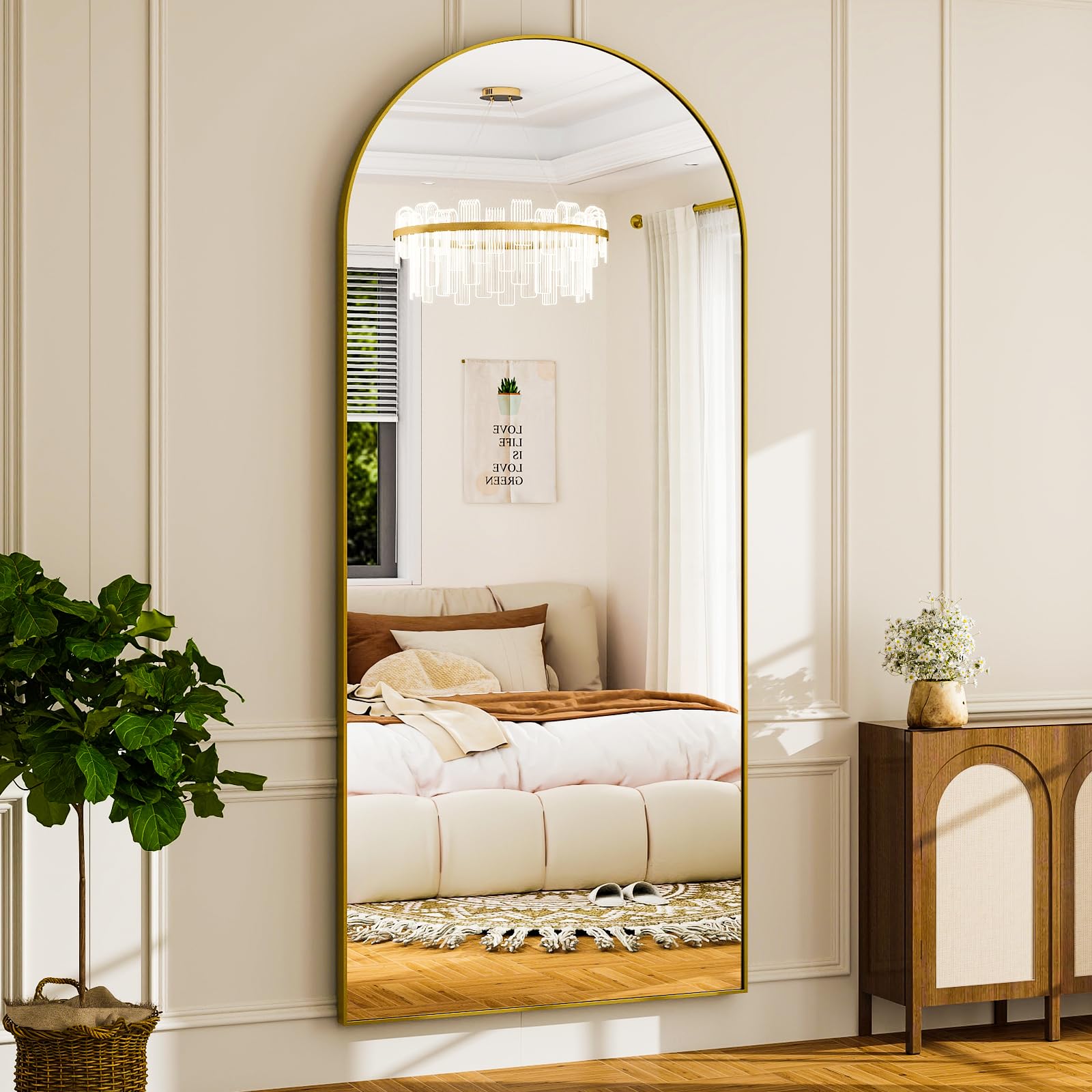 GLSLAND-30x71 inch Wall Mount Arched Full Length Mirror-Aluminum Alloy Frame High Definition-Full Body Mirror for Bedroom or Living Room,Gold