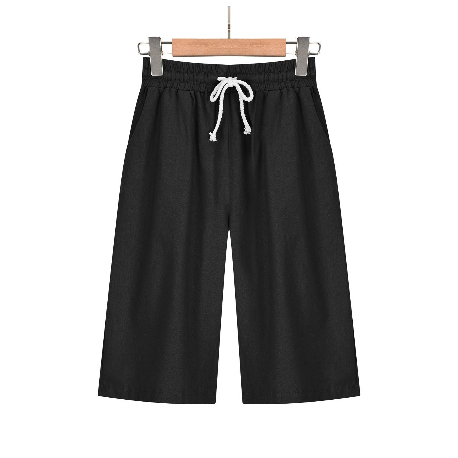 SMIDOW Jean Shorts with Rhinestone Fringe Shorts for Women Bermuda Cotton Linen Knee Length Drawstring Pocket Shorts Pants Solid Long Shorts Below The Knee Black XL