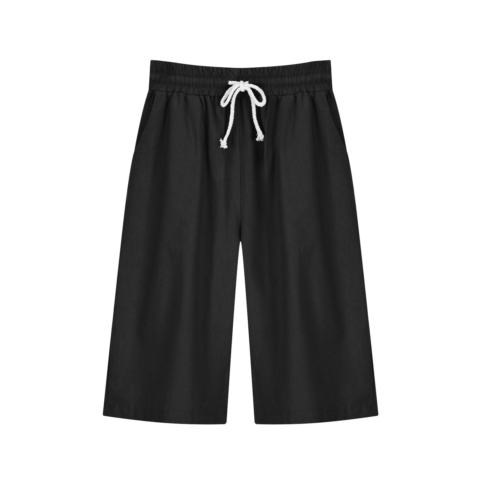 SMIDOW Jean Shorts with Rhinestone Fringe Shorts for Women Bermuda Cotton Linen Knee Length Drawstring Pocket Shorts Pants Solid Long Shorts Below The Knee Black XL