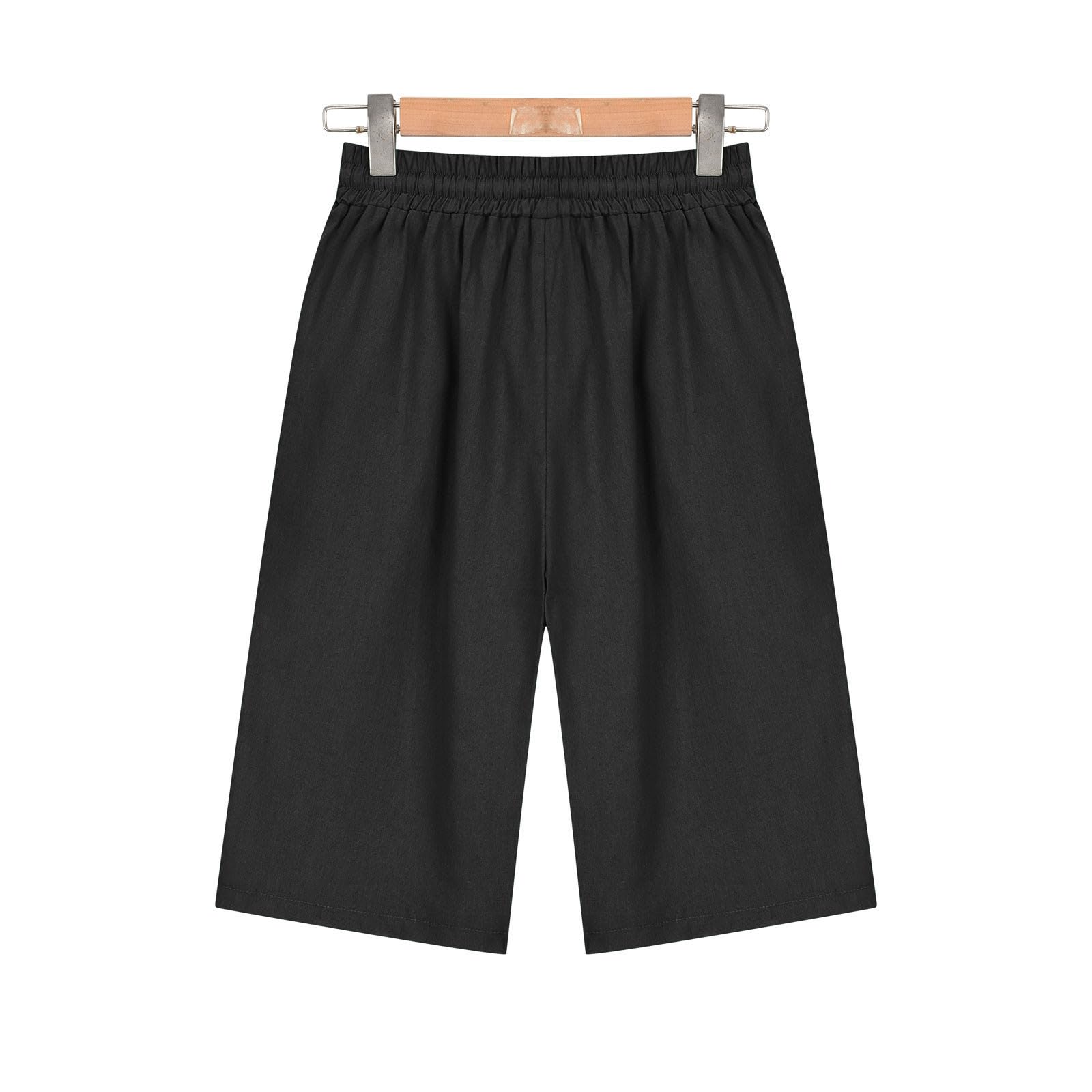 SMIDOW Jean Shorts with Rhinestone Fringe Shorts for Women Bermuda Cotton Linen Knee Length Drawstring Pocket Shorts Pants Solid Long Shorts Below The Knee Black XL