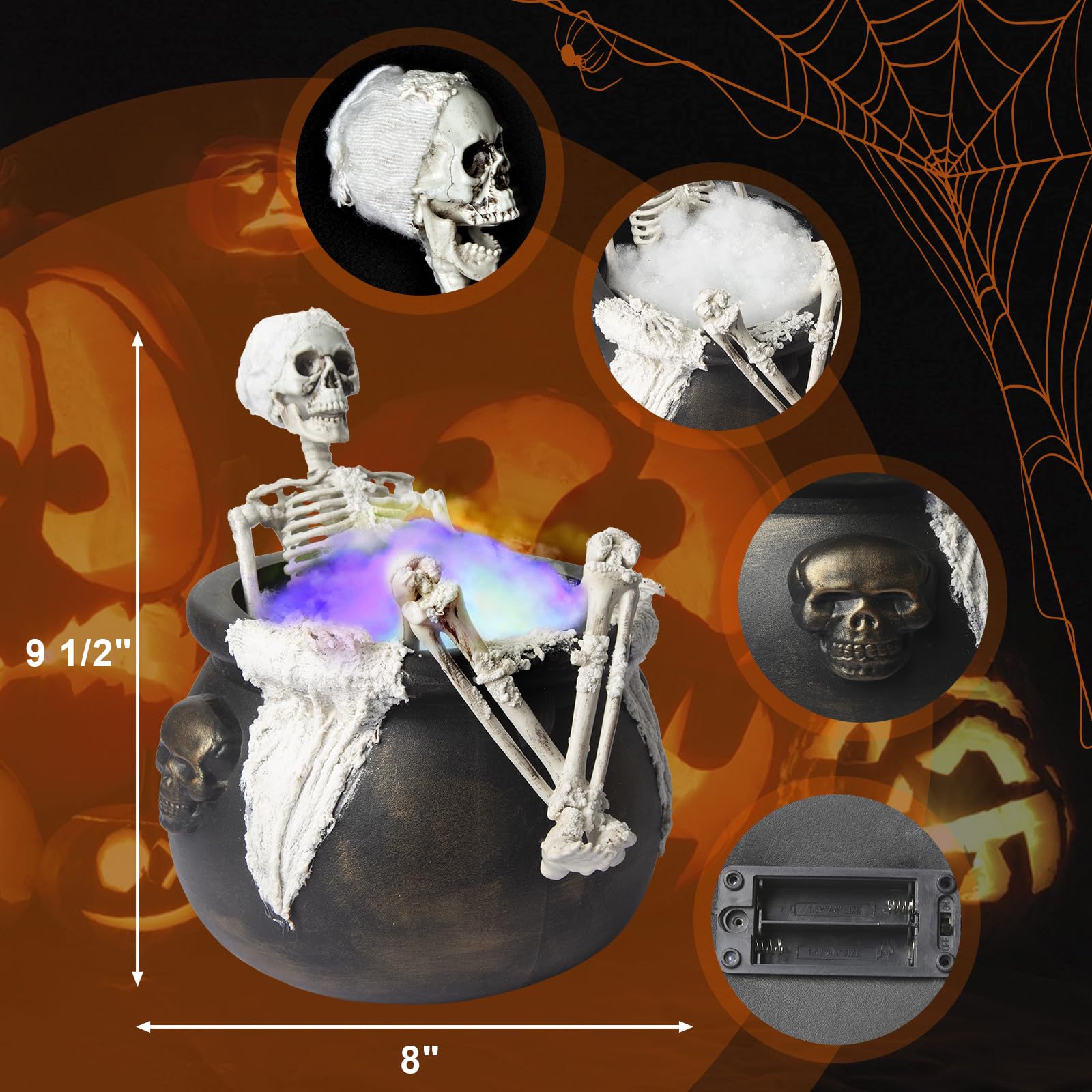 8" Cauldron Halloween Decorations Indoor, Skeleton Bathing Black Plastic Cauldron with LED Lights, Perfect Witch Cauldron Decor for Indoor Halloween Decorations Party & Haunted House Props
