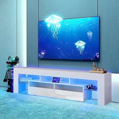 TV Stand with LED Lights for 60/65/70 Inch TV, Modern Gaming Entertainment Center, High Gloss Television Stands Media Console with Glass Shelves and 2 Drawers for Living Room, Bedroom, White