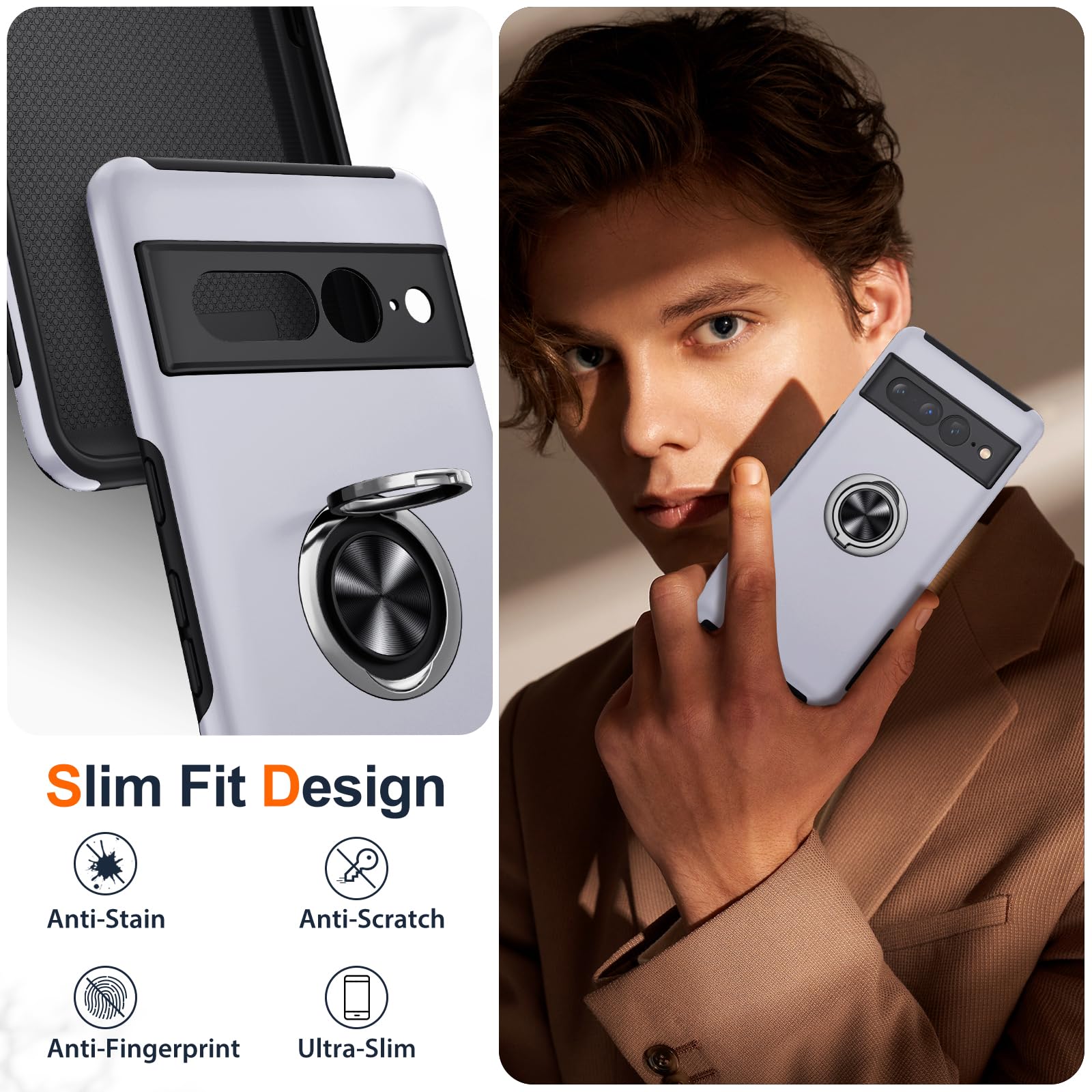 JAME for Google Pixel 7 Pro Case, Slim Fit Case for Pixel 7 Pro with Invisible Ring Kickstand, [Military Grade Drop Tested] Dual Layer Shockproof Protective Phone Case for Pixel 7 Pro 6.7", Silver
