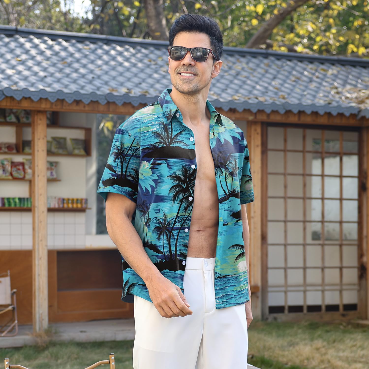 Rioofinx Hawaiian Shirt for Men Sleeves Printed Casual Button Down Summer Beach Dress Shirts Green