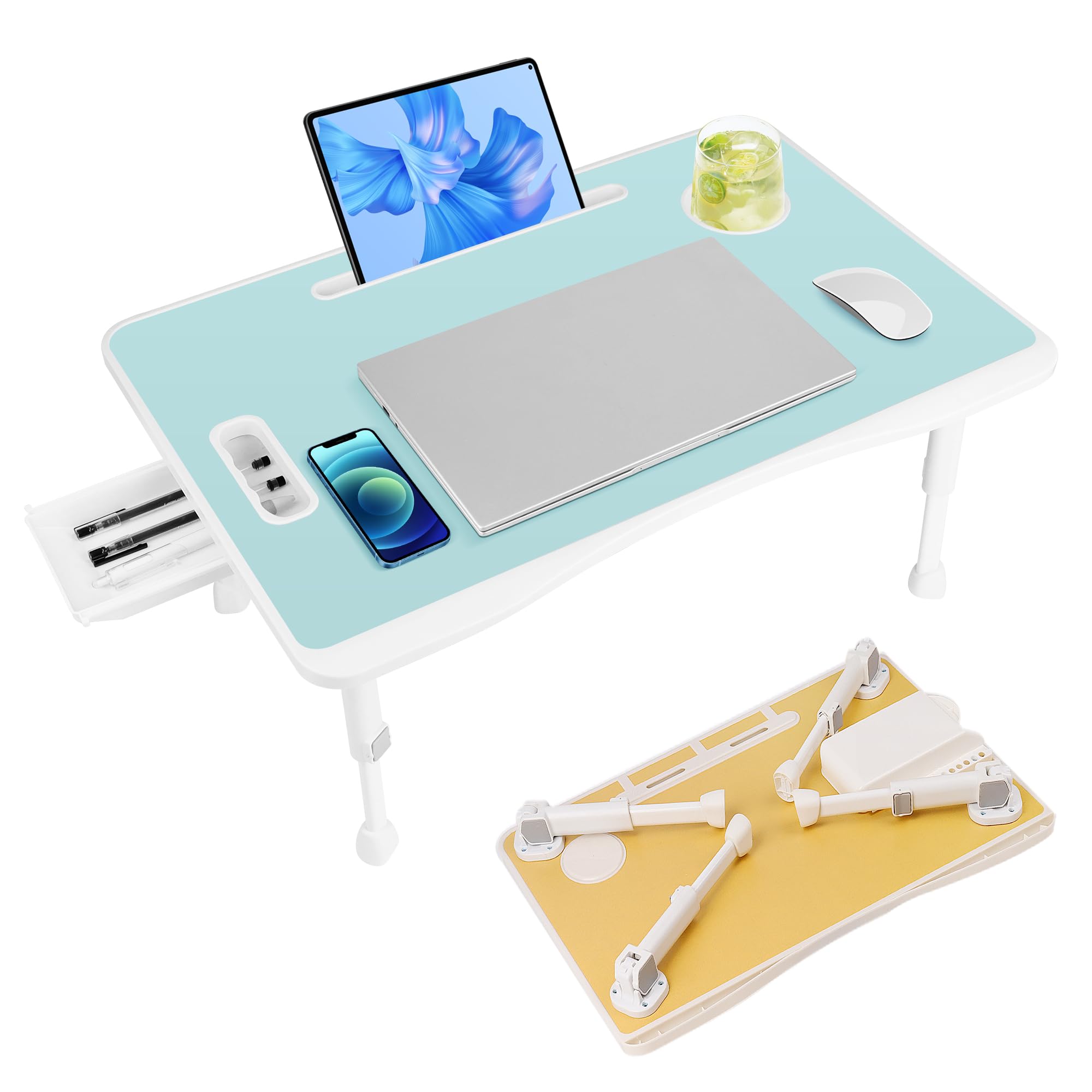 Bed Desk for Laptop, Adjustable Laptop Desk with Foldable Legs Storage Drawer,Lap Desk for Laptop, Portable Lap Desk for Writing Working Reading Eating