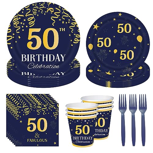 PARTY BERRY 120 Pcs 50th Birthday Decorations Party Supplies Dinner, Dessert Plates, Cups, Napkins, Forks Birthday Party Decorations Disposable 50th Birthday Decorations Men/Women Serves 24 Guests