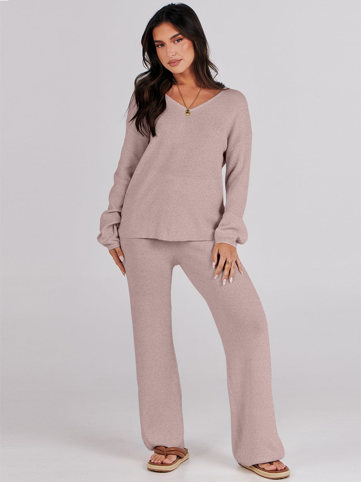 ANRABESS Women 2 Piece Outfits Sweater Lounge Sets Long Sleeve Cable Knit Pullover and Wide Leg Pants Tracksuit Matching Set Large