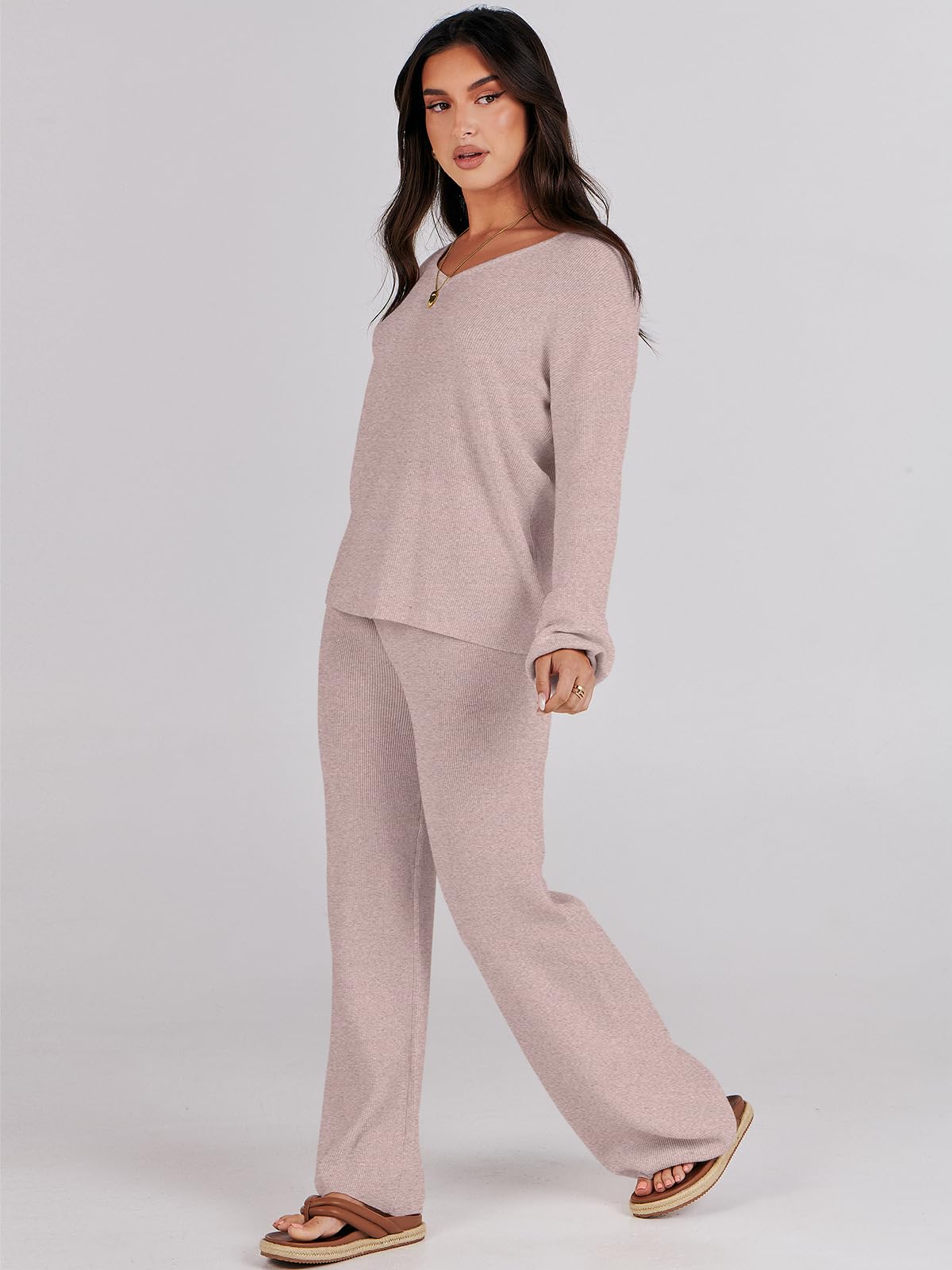 ANRABESS Women 2 Piece Outfits Sweater Lounge Sets Long Sleeve Cable Knit Pullover and Wide Leg Pants Tracksuit Matching Set Large
