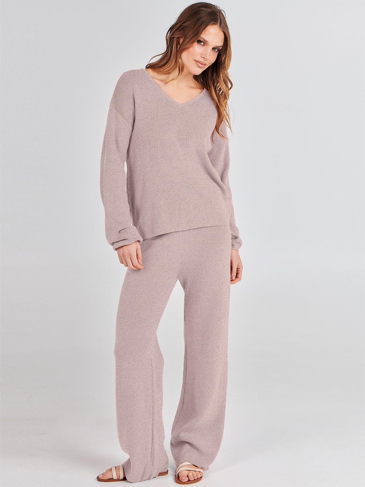 ANRABESS Women 2 Piece Outfits Sweater Lounge Sets Long Sleeve Cable Knit Pullover and Wide Leg Pants Tracksuit Matching Set Large