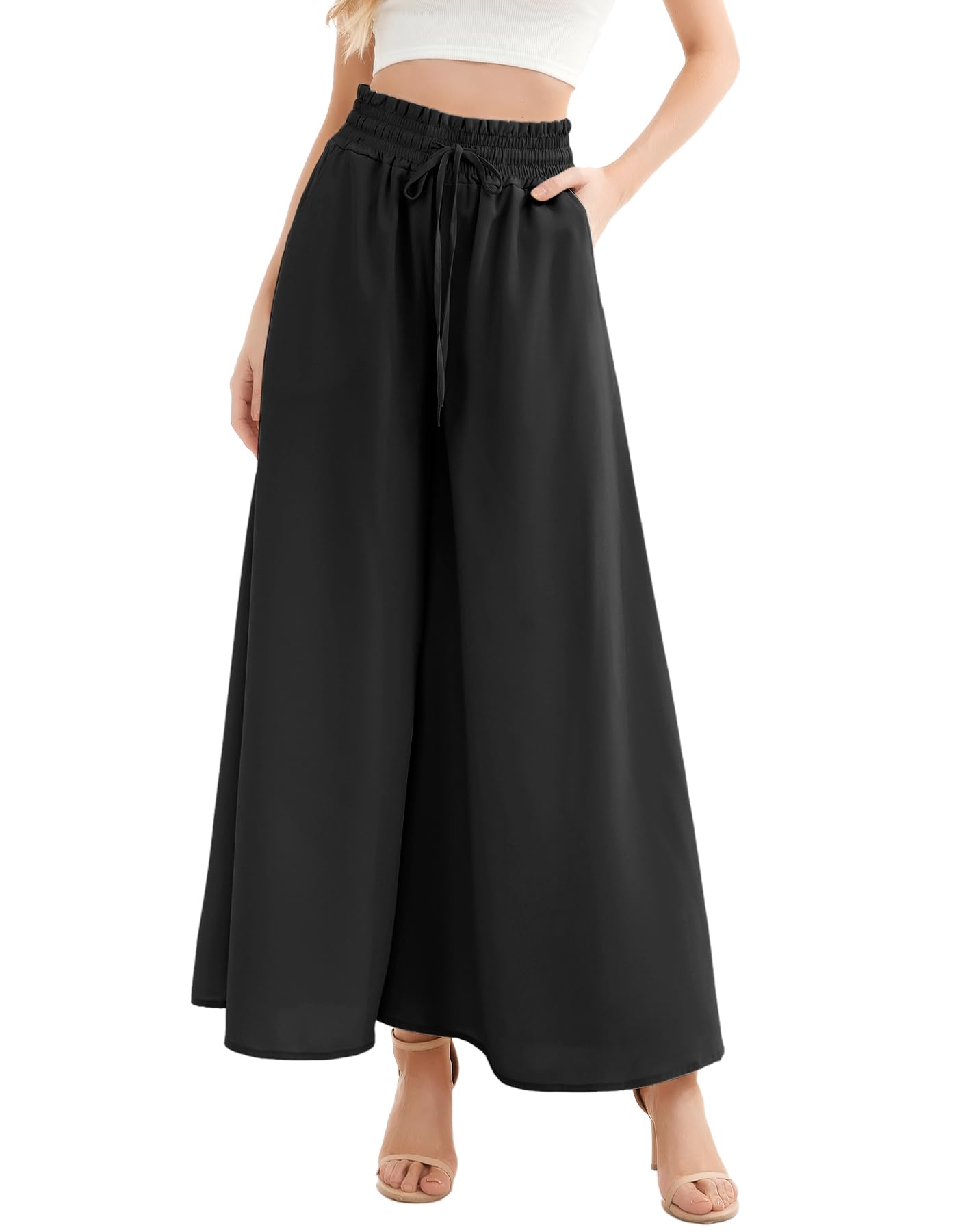 GOUCEHN Women Wide Leg Pants Casual High Waisted Long Palazzo Pants Drawstring Flowy Trouser (Black, Small)