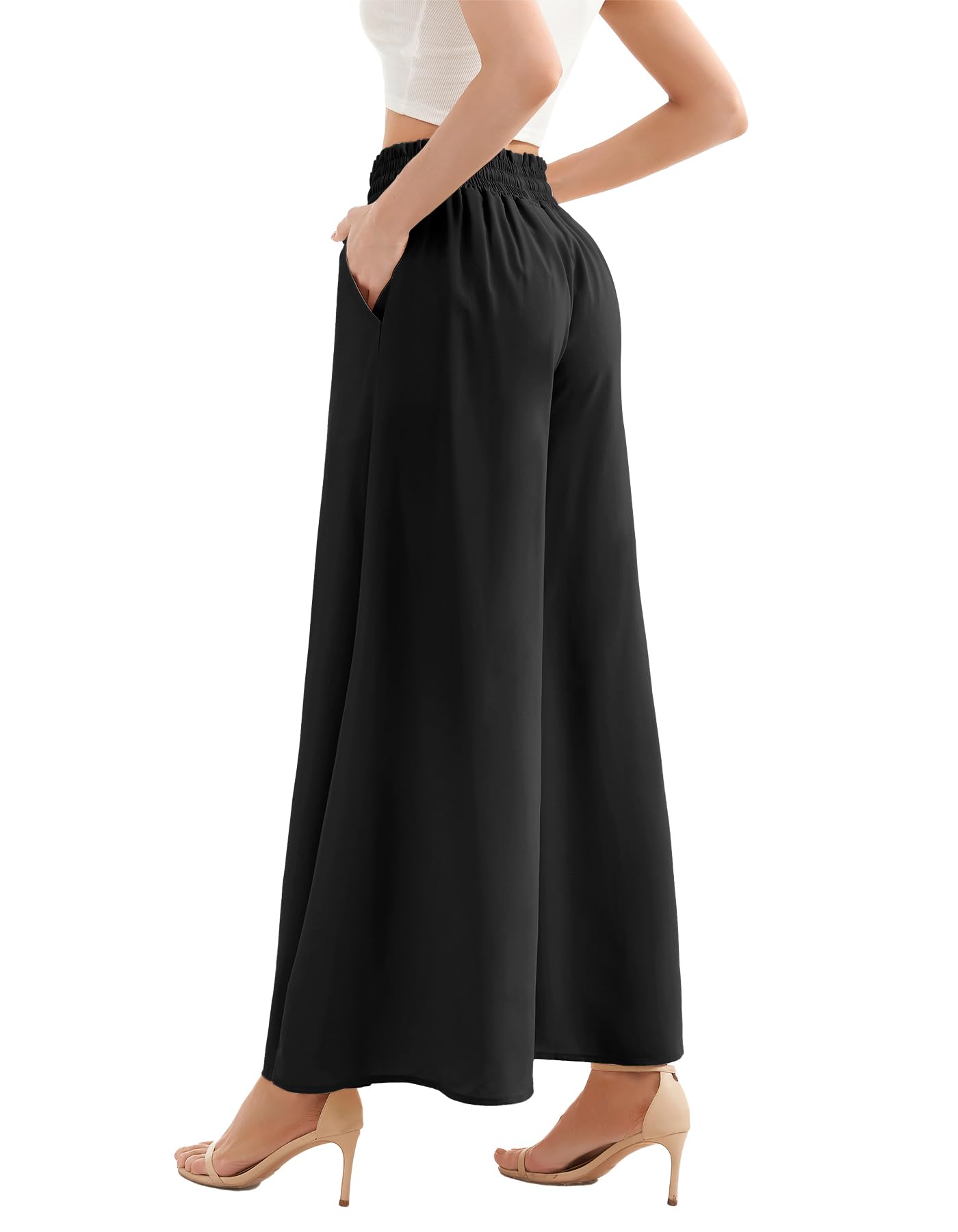 GOUCEHN Women Wide Leg Pants Casual High Waisted Long Palazzo Pants Drawstring Flowy Trouser (Black, Small)