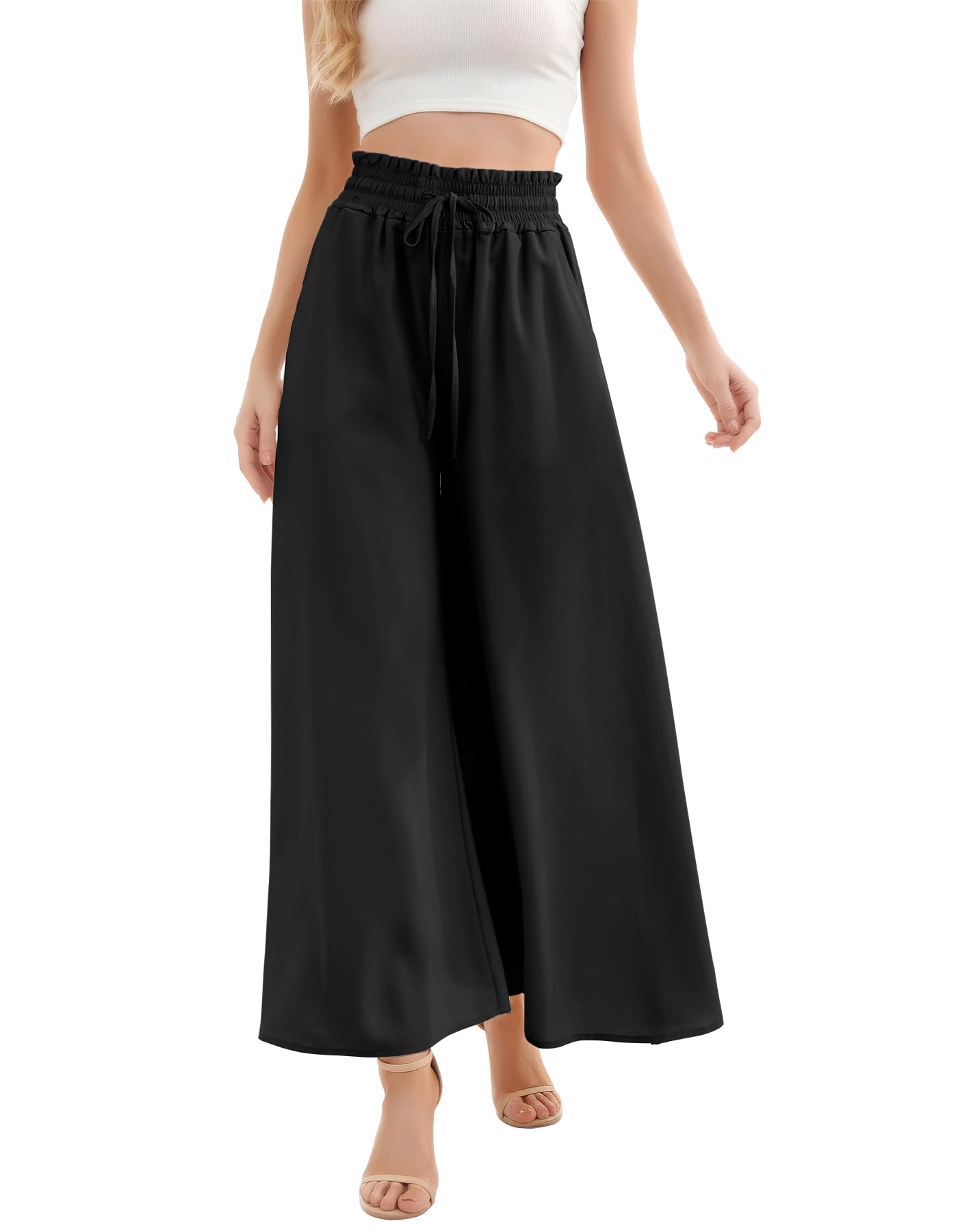 GOUCEHN Women Wide Leg Pants Casual High Waisted Long Palazzo Pants Drawstring Flowy Trouser (Black, Small)