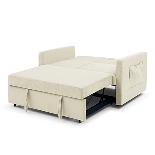 FANYE Modern Upholstered Napping Futon Sofa, Beige Twin Velvet Side Pockets