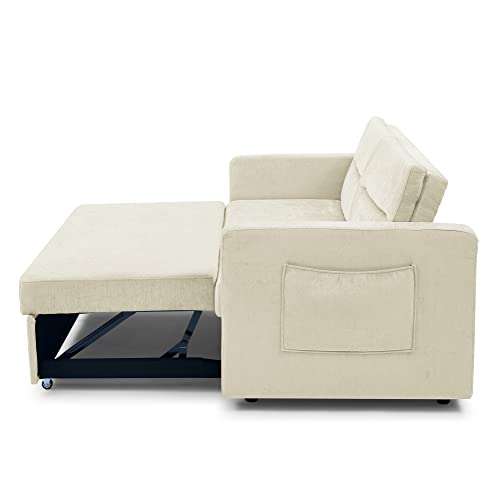 FANYE Modern Upholstered Napping Futon Sofa, Beige Twin Velvet Side Pockets