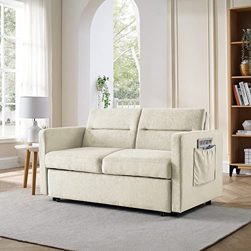 FANYE Modern Upholstered Napping Futon Sofa, Beige Twin Velvet Side Pockets