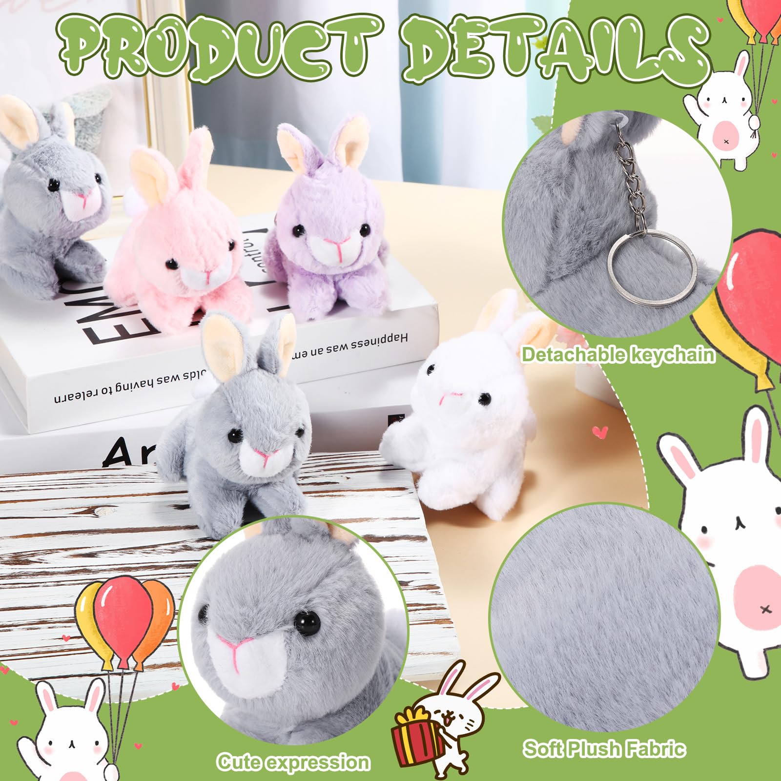 Sratte 16 Pcs Easter Bunny Stuffed Animal Bulk 4.7 Inch Small Plush Rabbit Keychains Detachable Bunny Party Favors Plushies for Birthday Baby Shower Easter Basket Stuffers Decorations