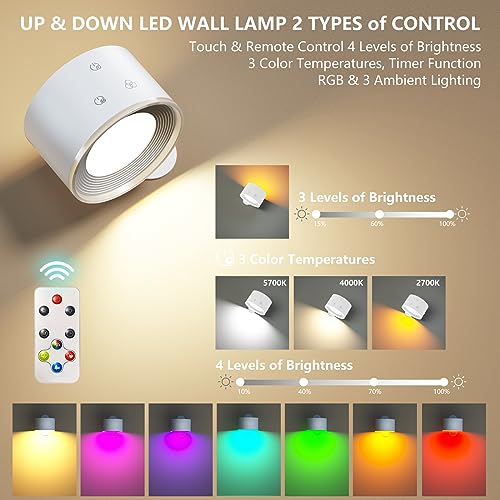 Deyagoo UP&Down Light Source LED Wall Sconce, Wall Mounted Lamps with Battery Operated, 4 Color Temp, Dimming, RGB&Ambience Lights, Removable Charging, Touch&Remote Control, Light for Reading Bedside