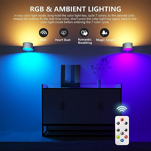 Deyagoo UP&Down Light Source LED Wall Sconce, Wall Mounted Lamps with Battery Operated, 4 Color Temp, Dimming, RGB&Ambience Lights, Removable Charging, Touch&Remote Control, Light for Reading Bedside