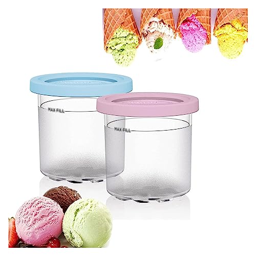 VRINO 2/4/6PCS Creami Deluxe Pints, for Ninja Creami Pints and Lids, Creami Deluxe Reusable,Leaf-Proof for NC301 NC300 NC299AM Series Ice Cream Maker,Pink+Blue-2PCS