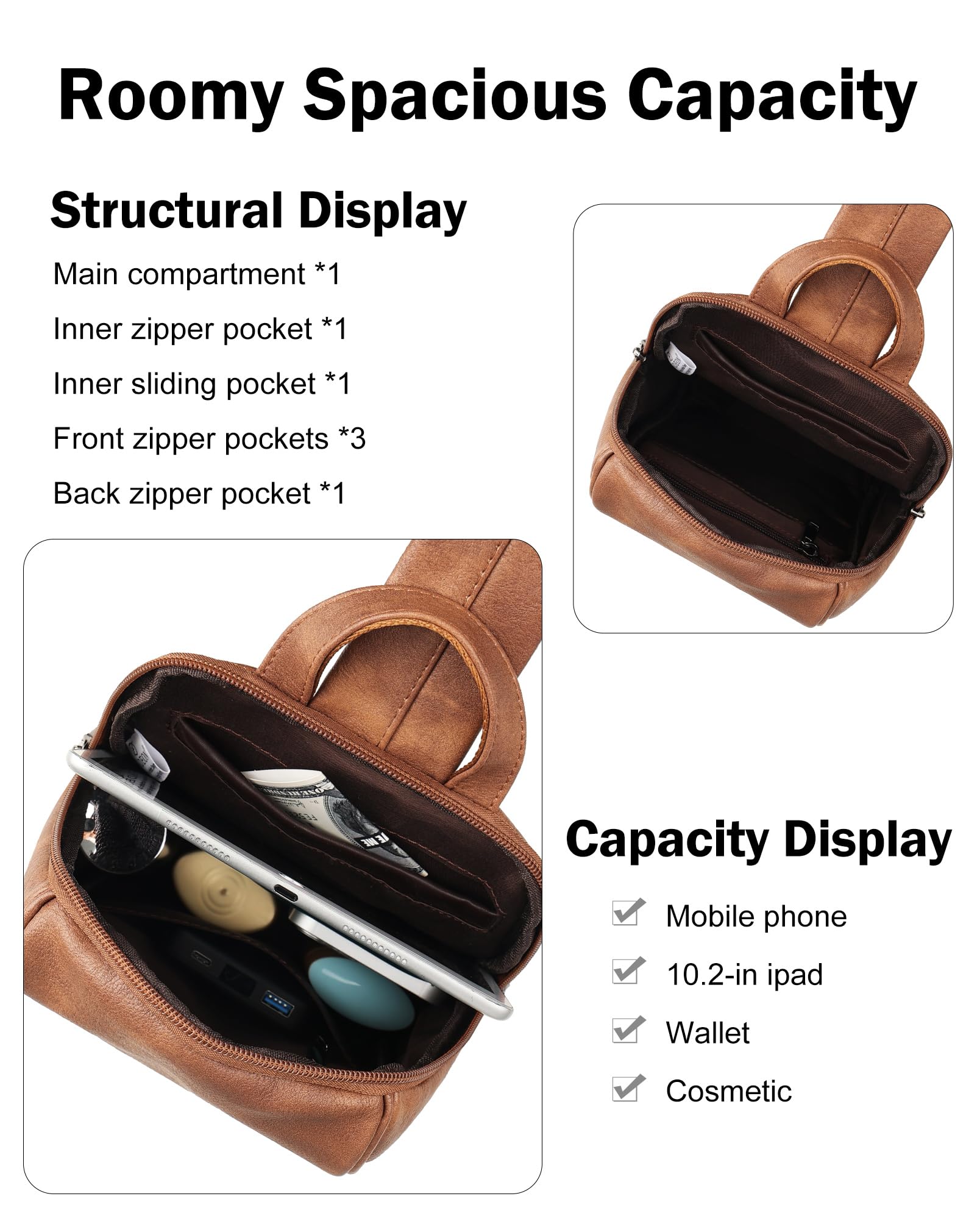FADEON Sling Bag for Women Crossbody Purse Sling Bags, Designer Sling Purses Medium Travel Multi-Pocket Sling Backpack