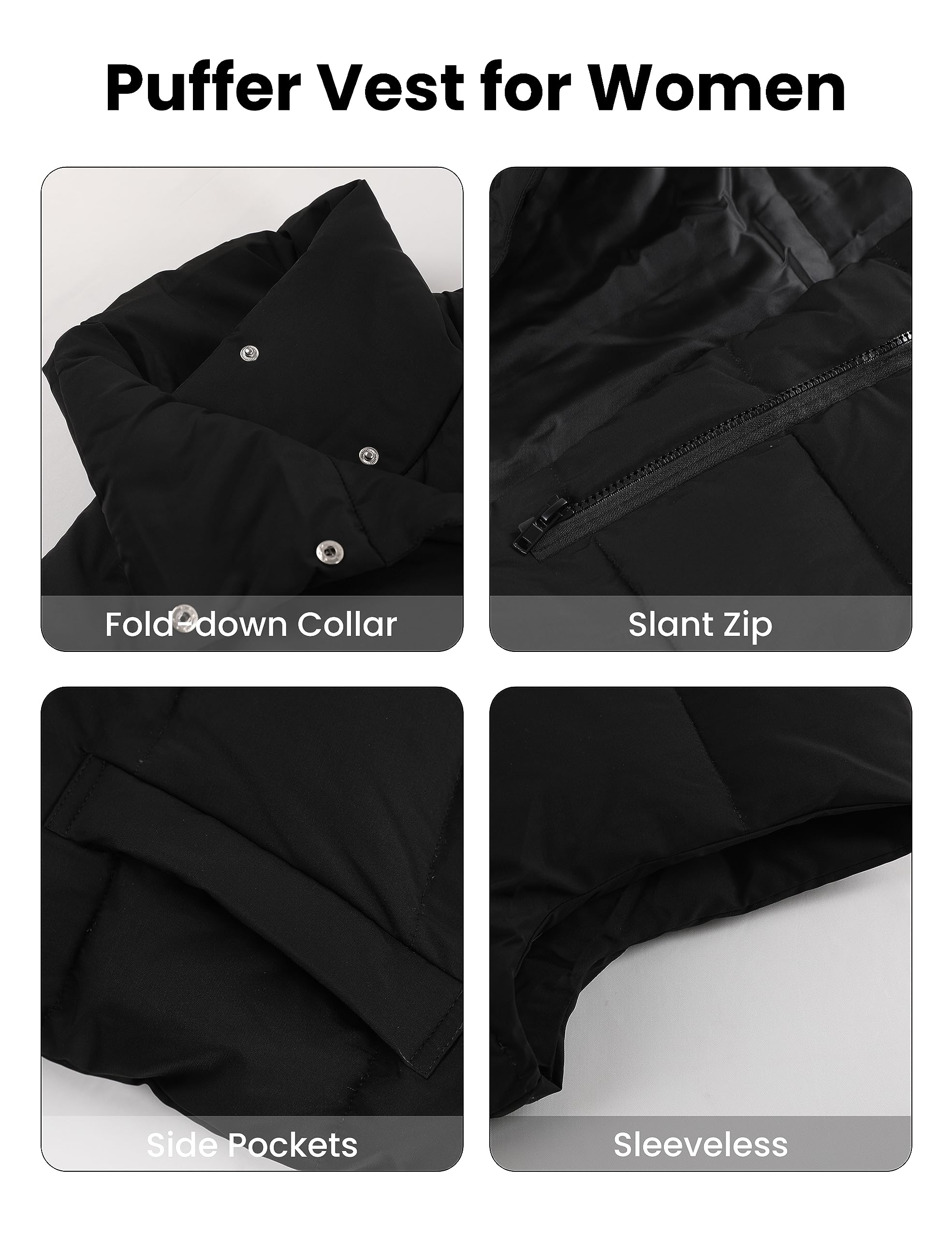 EsheSy Women's Puffer Vest Zip Up Sleeveless Lightweight Stand Collar Padded Gilet(Black-XL)