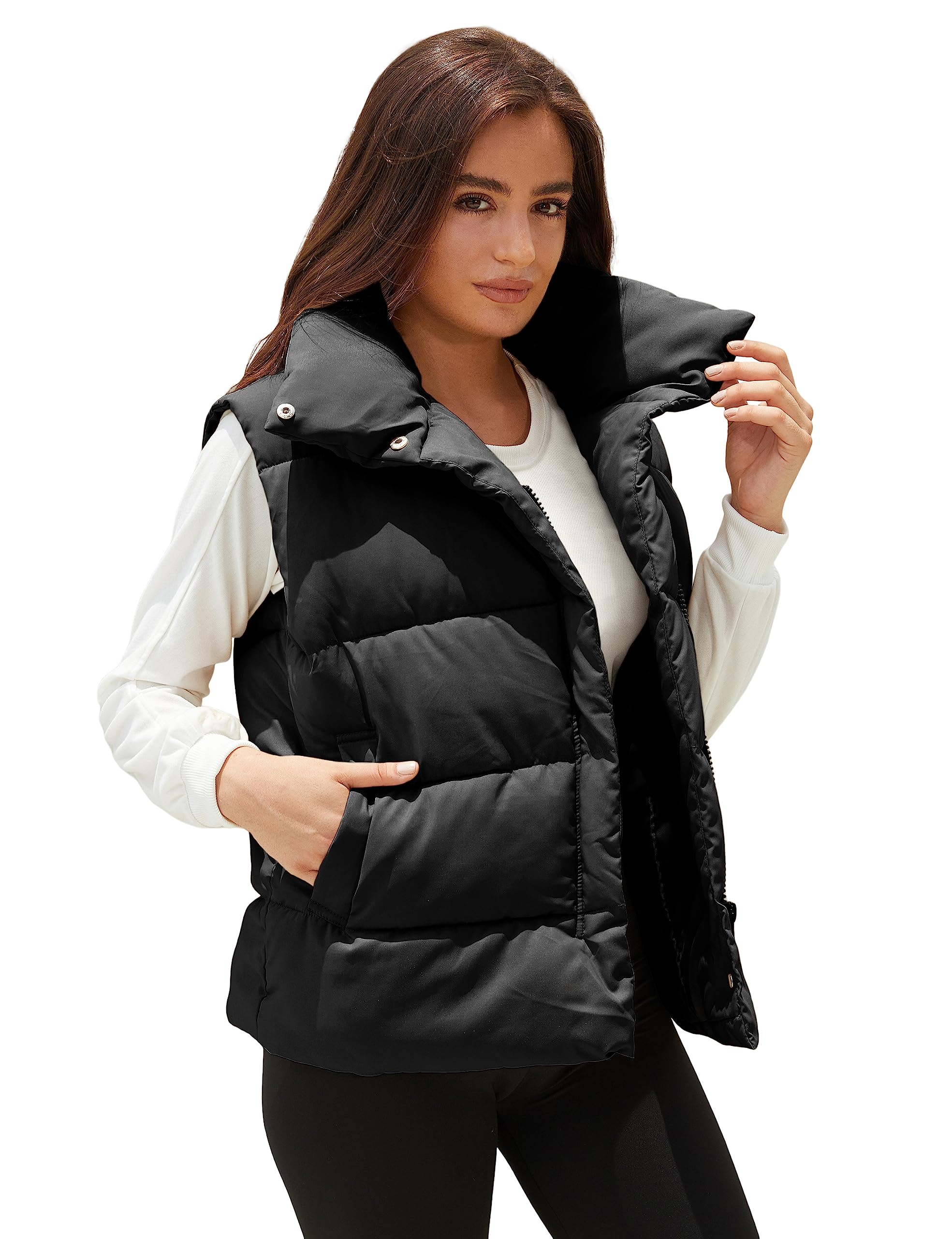 EsheSy Women's Puffer Vest Zip Up Sleeveless Lightweight Stand Collar Padded Gilet(Black-XL)