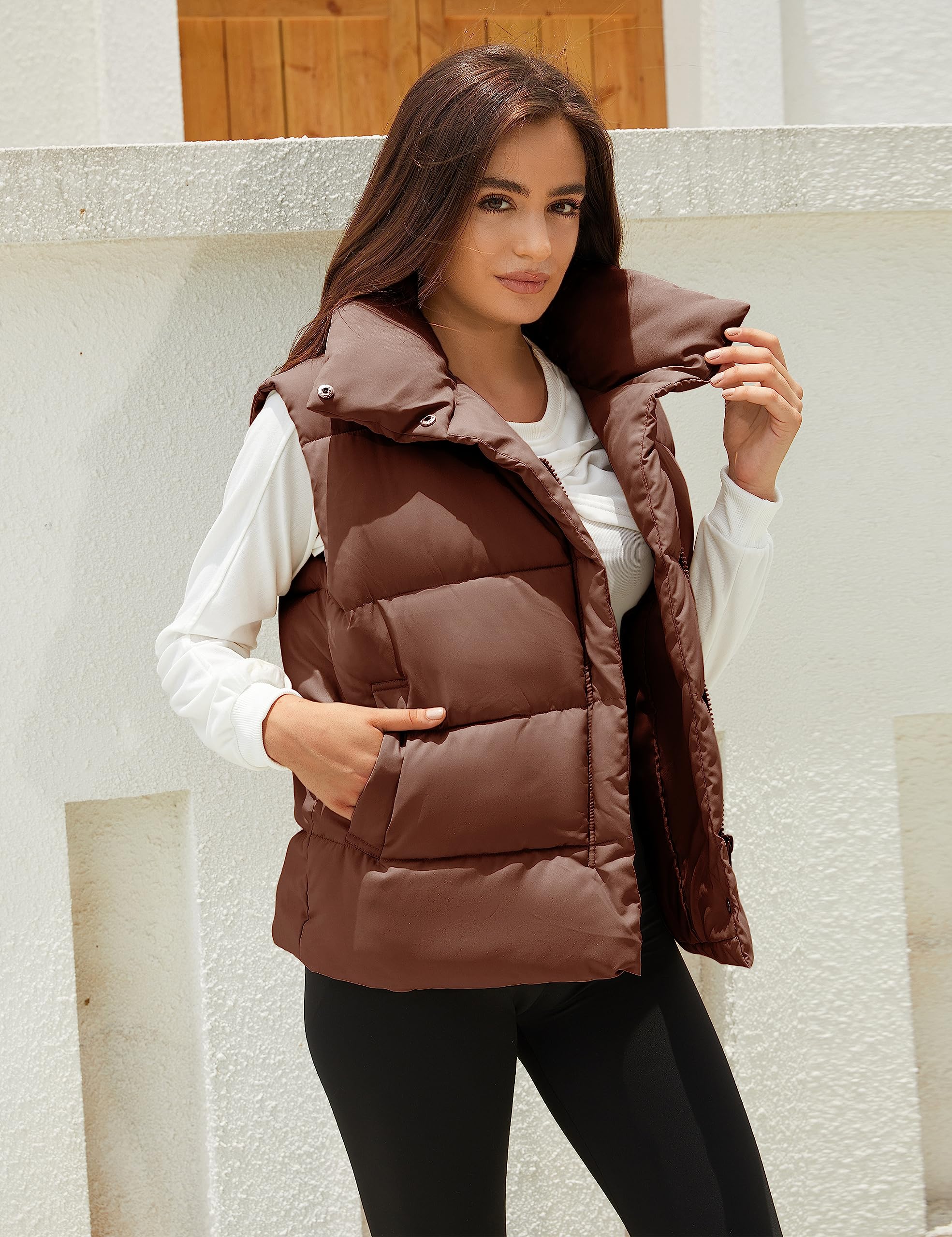 Athlisan Puffer Vest Women Zip Up Stand Collar Sleeveless Padded Gilet Jacket (Brown-S)