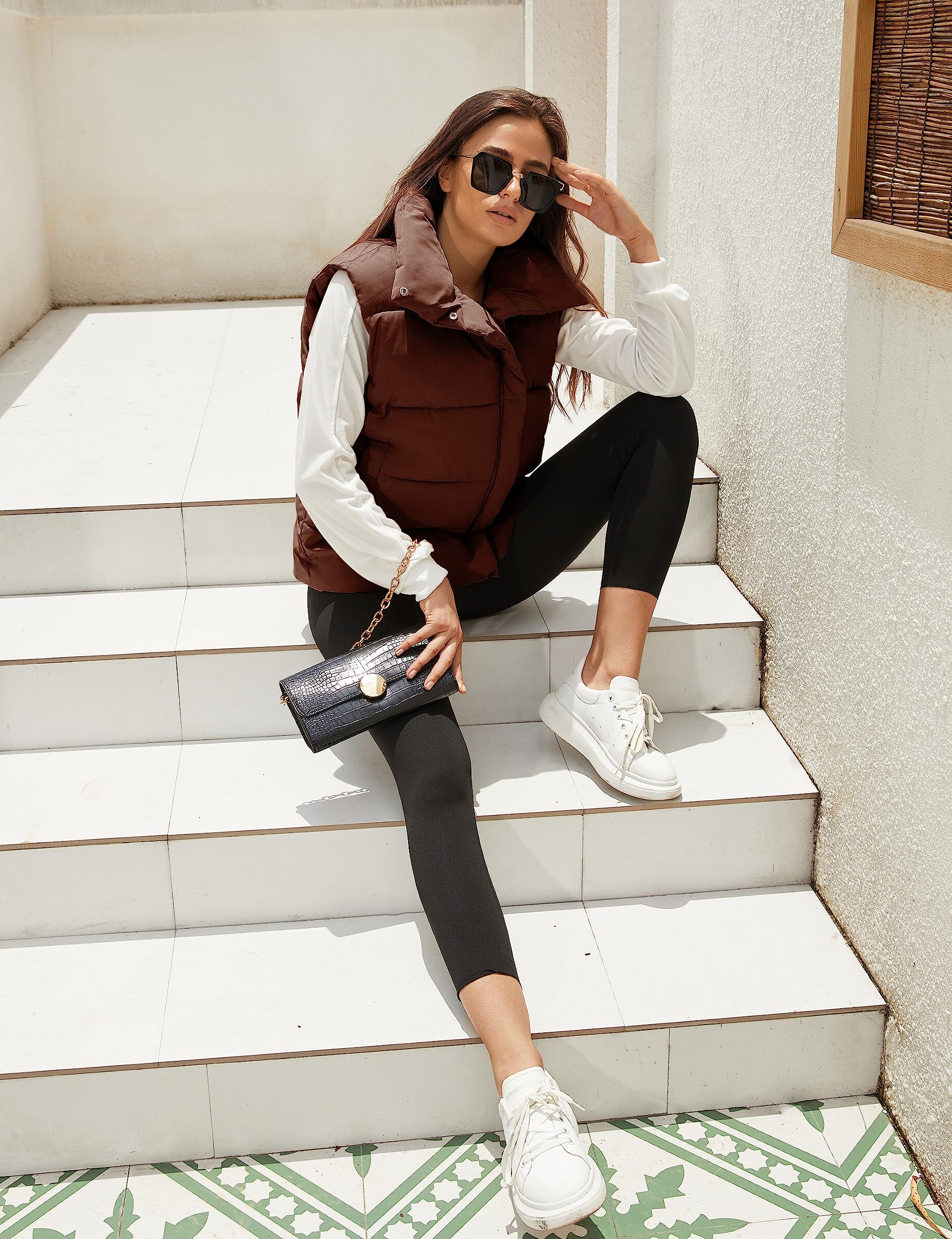 Athlisan Puffer Vest Women Zip Up Stand Collar Sleeveless Padded Gilet Jacket (Brown-S)