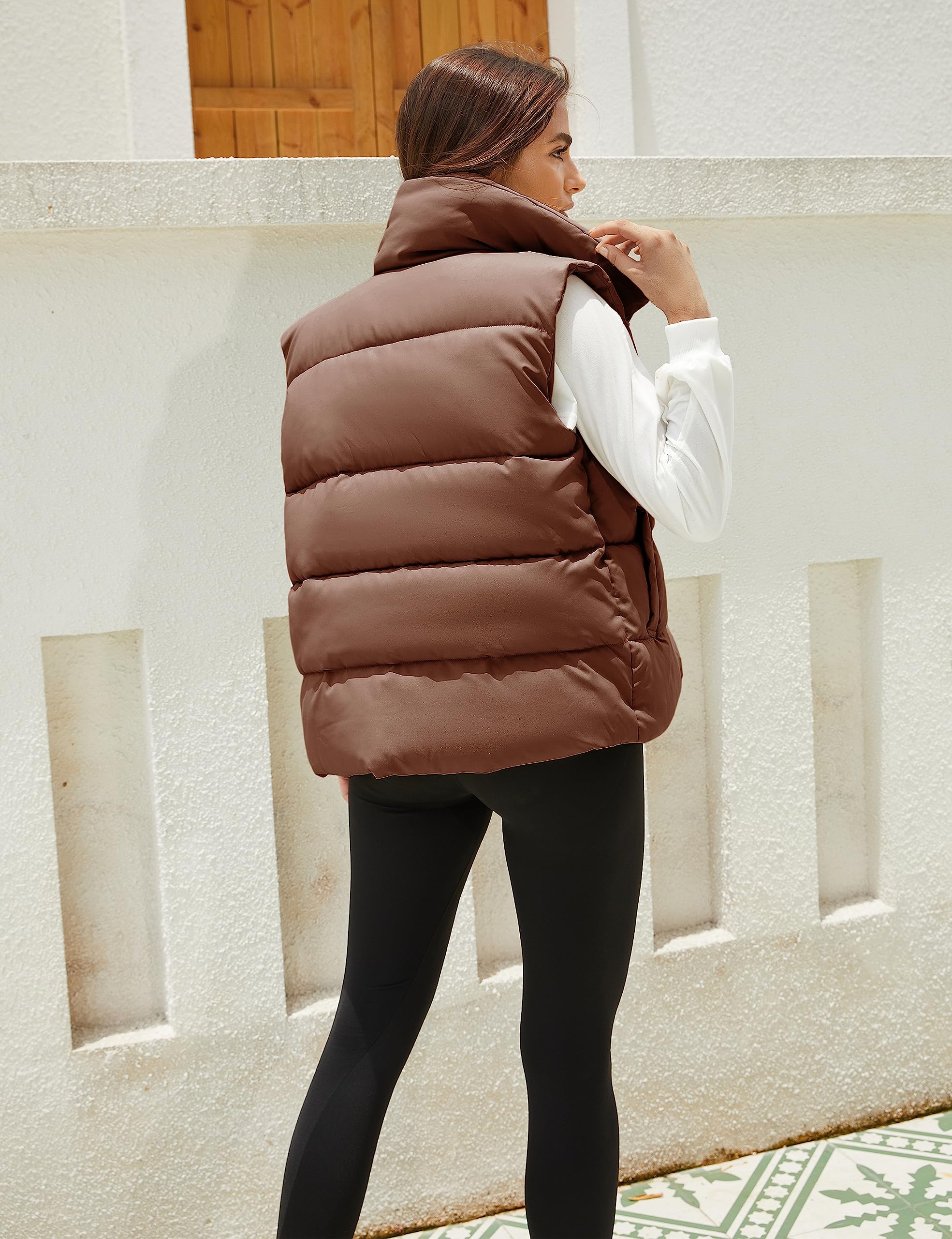 Athlisan Puffer Vest Women Zip Up Stand Collar Sleeveless Padded Gilet Jacket (Brown-S)