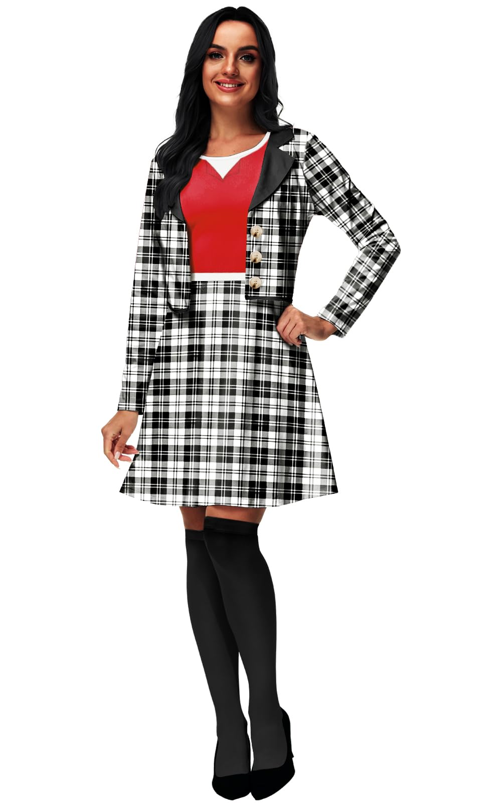 Remimi Adult Halloween Dee Clueless Costume Dresses Long Sleeve Black Plaid Cosplay Outfits L