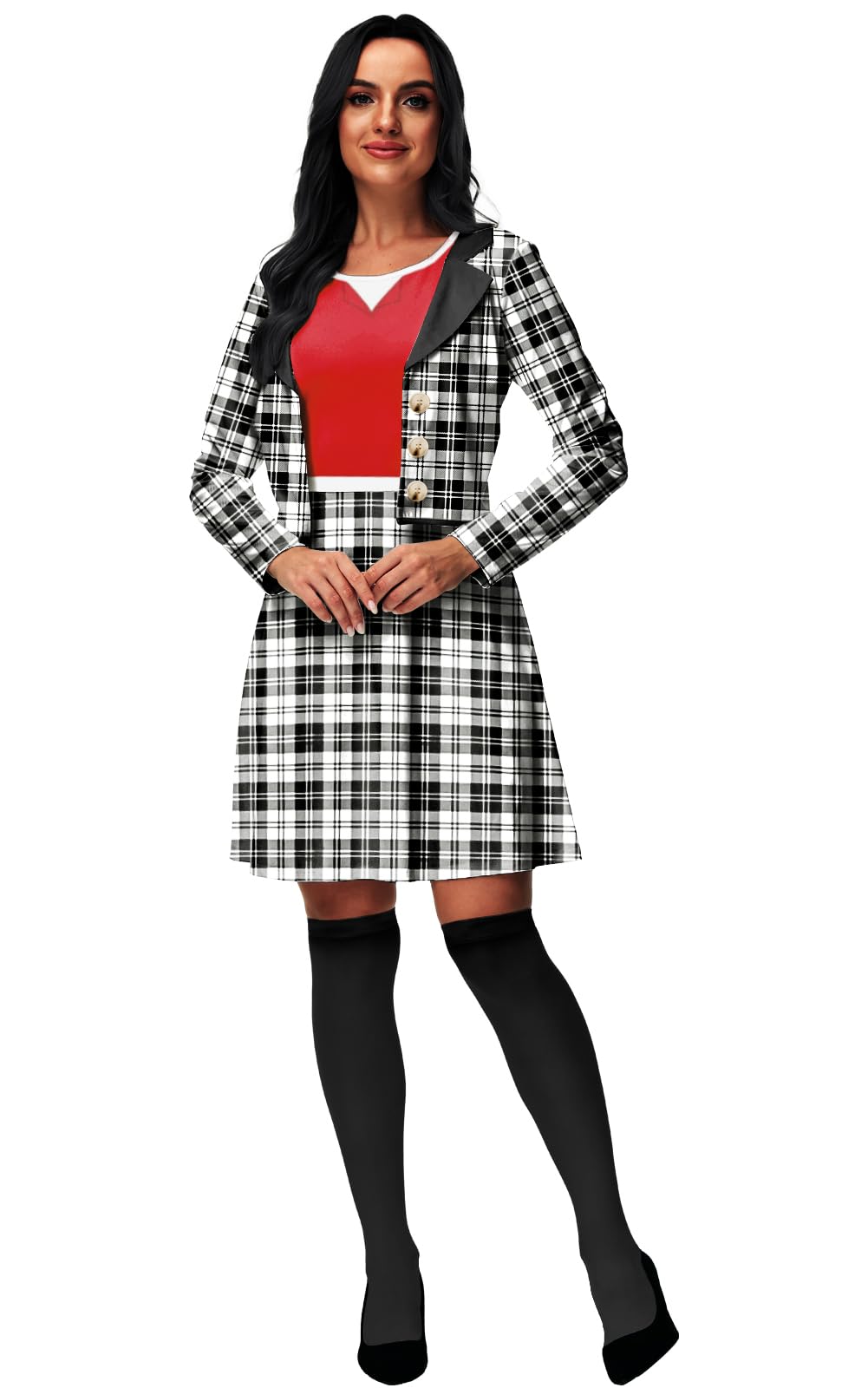 Remimi Adult Halloween Dee Clueless Costume Dresses Long Sleeve Black Plaid Cosplay Outfits L