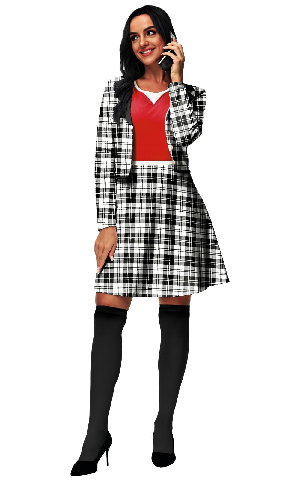 Remimi Adult Halloween Dee Clueless Costume Dresses Long Sleeve Black Plaid Cosplay Outfits L