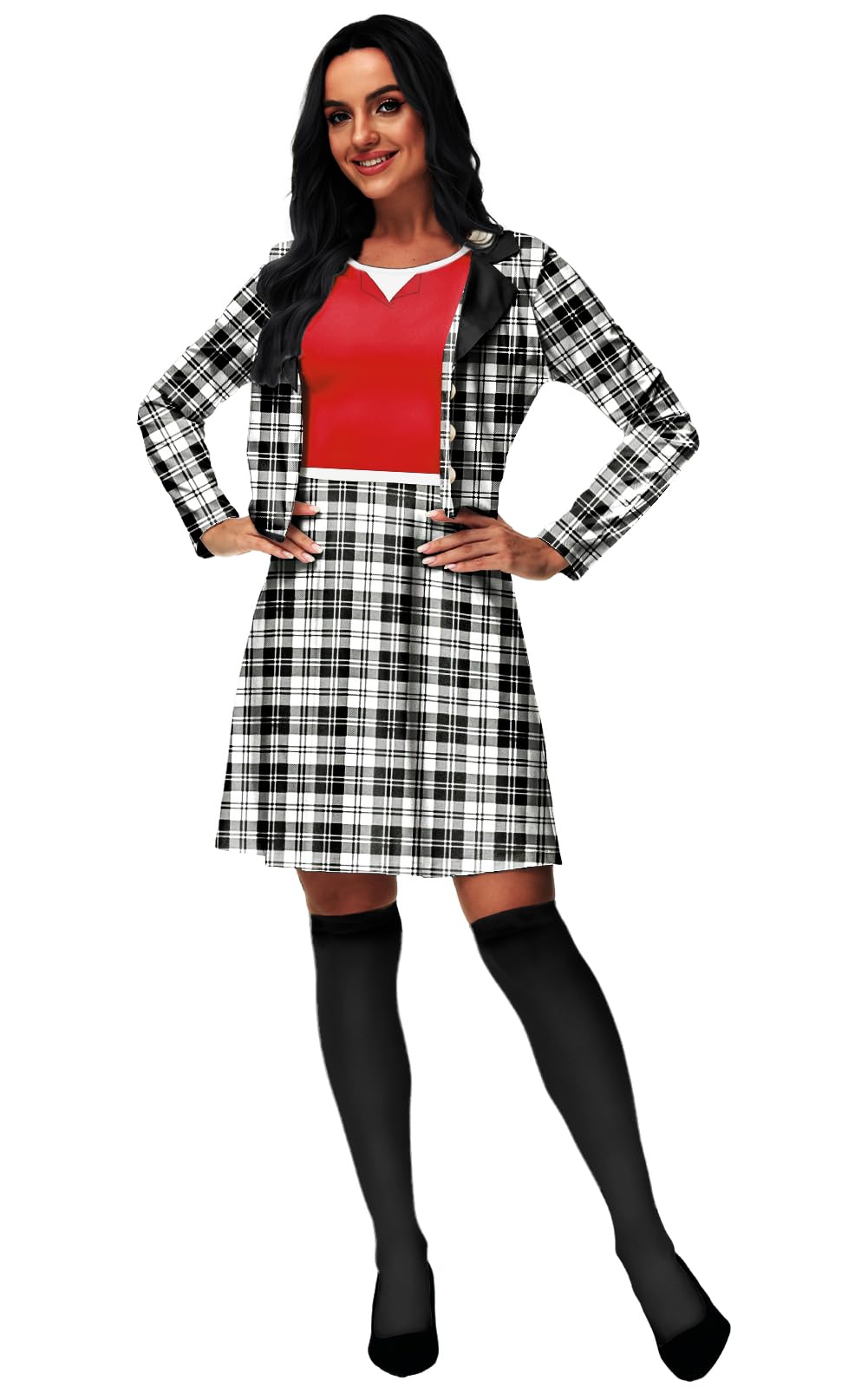 Remimi Adult Halloween Dee Clueless Costume Dresses Long Sleeve Black Plaid Cosplay Outfits L